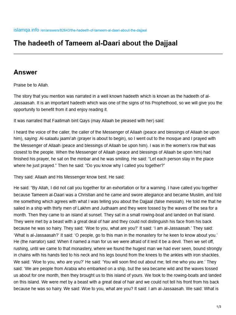 Islamqa - Info-The Hadeeth of Tameem Al-Daari About The Dajjaal | PDF ...