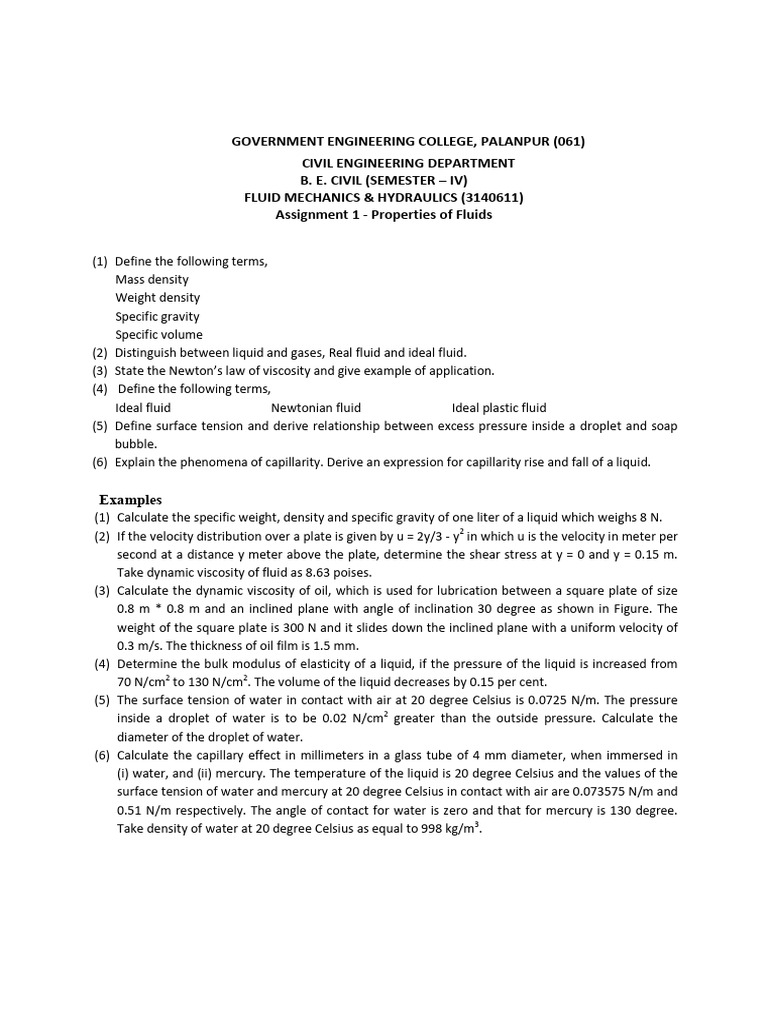 Assignment 1 - Properties of Fluids | PDF | Liquids | Viscosity