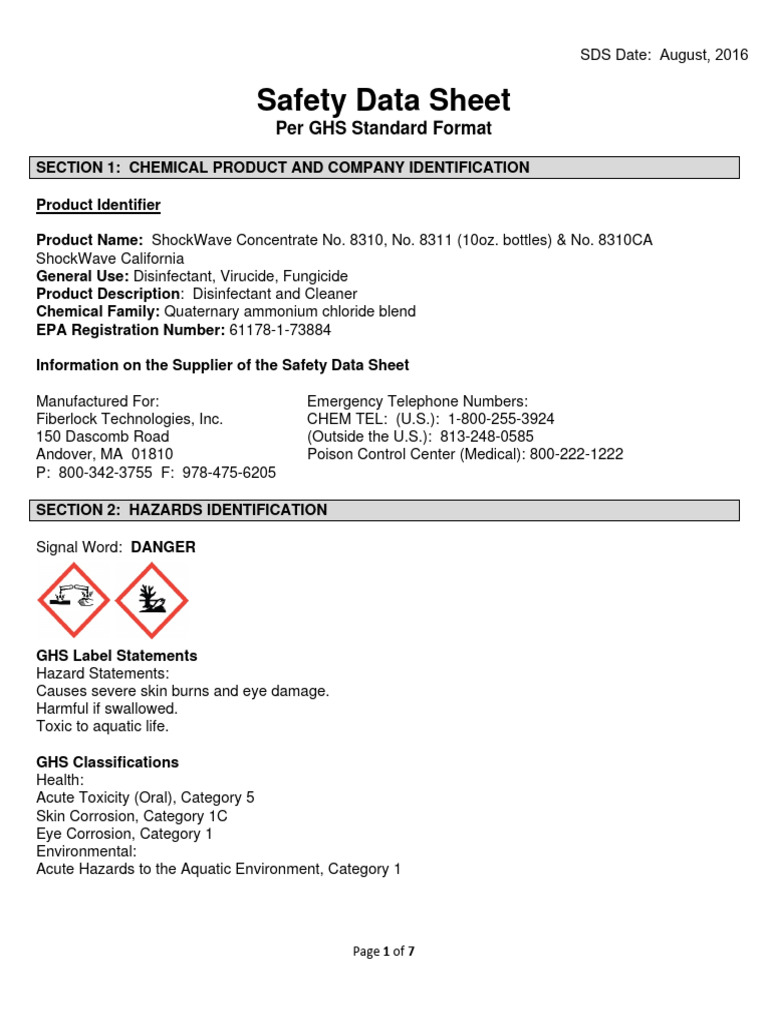 ShockWave SDS Overview and Safety Guidelines | PDF | Waste | Toxicity