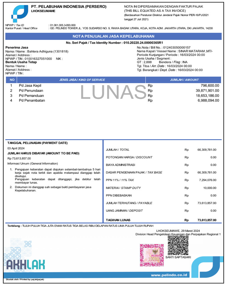 Lunas Nota Pelabuhan & FS Mt. Sinar Mataram Voy 07 - 24 | PDF