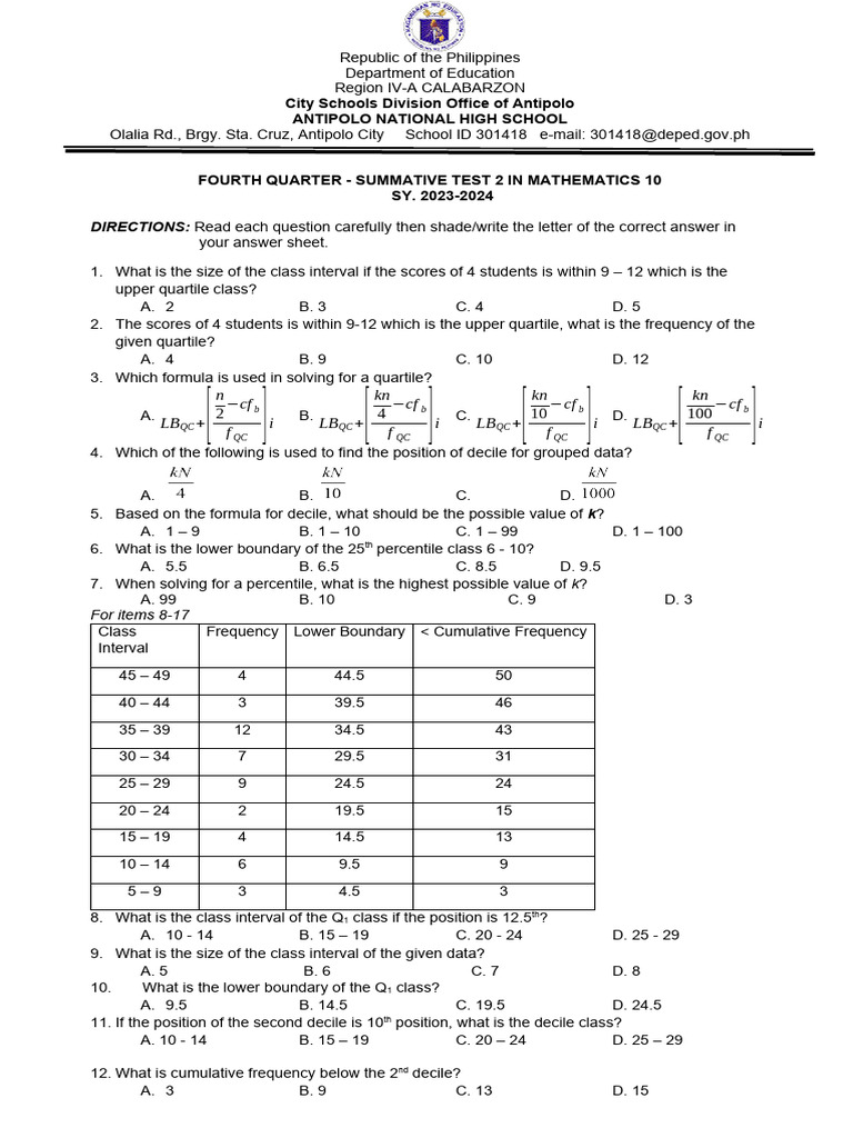 MATH-10-Q4-ST2 | PDF | Quartile