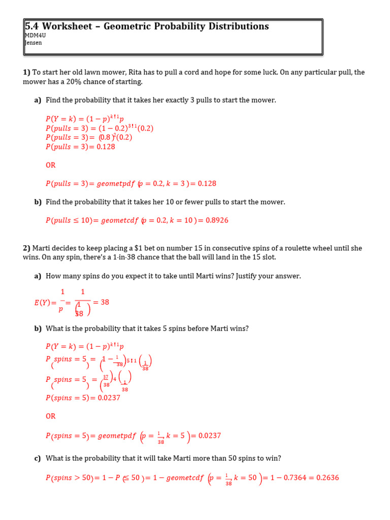 5.4 Worksheet - Geometric Probability Distributions: Mower Has A 20% ...