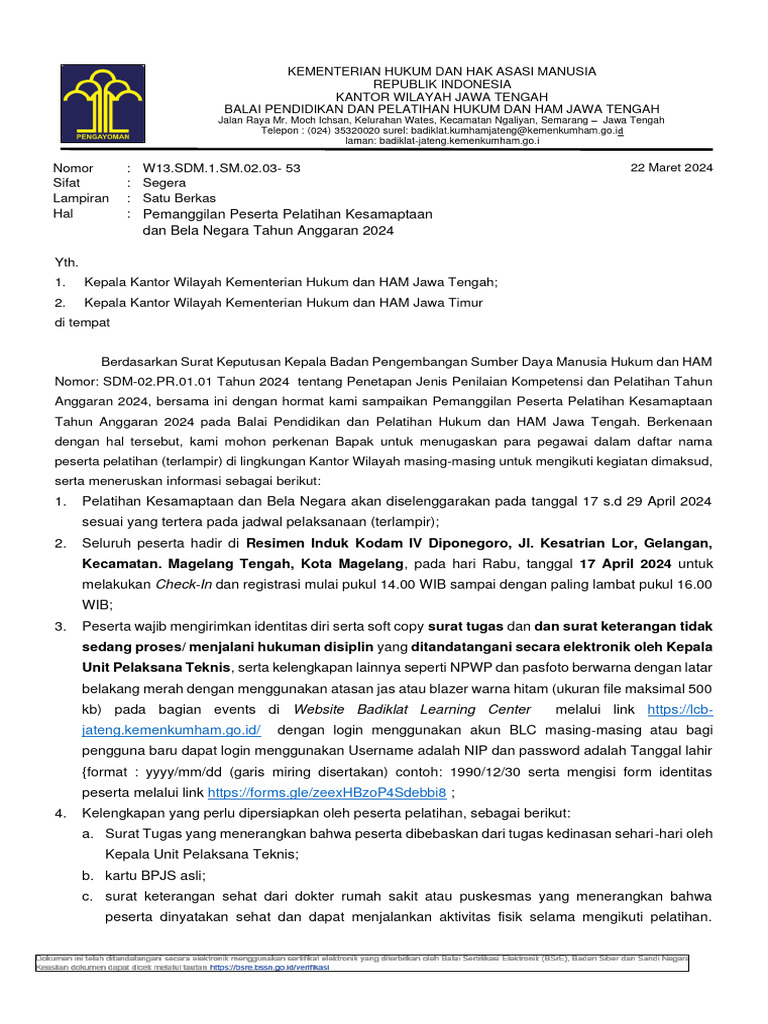 Pemanggilan Peserta Pelatihan Kesamaptaan Dan Bela Negara Tahun Anggaran 2024 | PDF