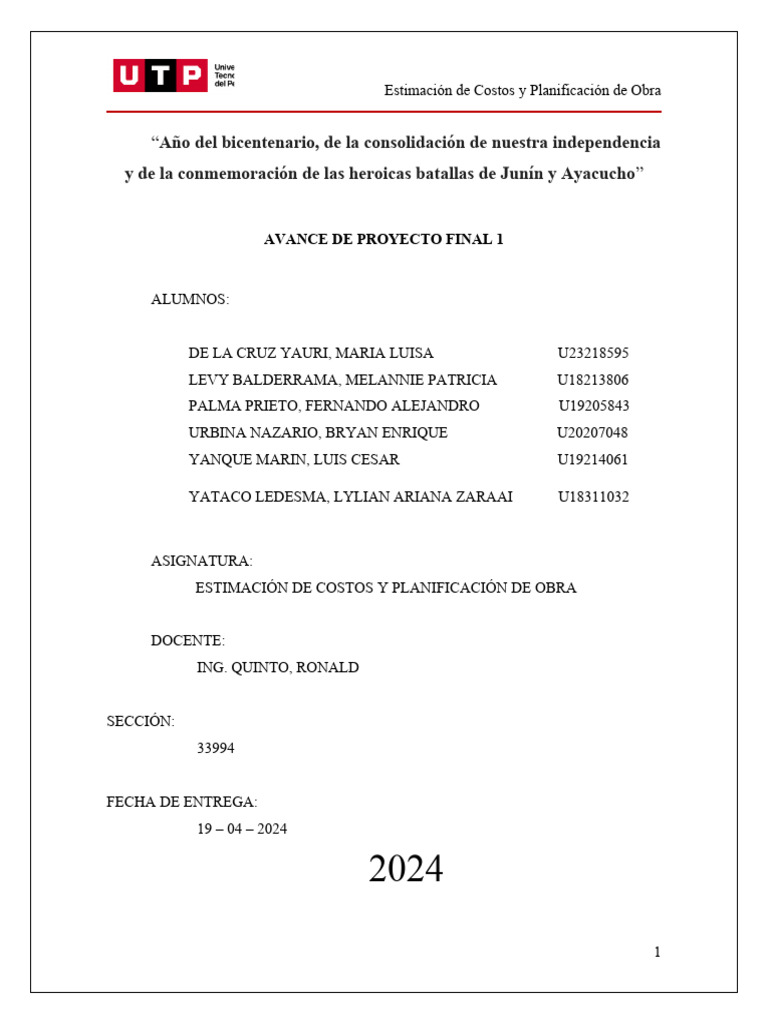 Avance Proyecto Final 1 - Grupo8 - Estmicación de Costos | PDF