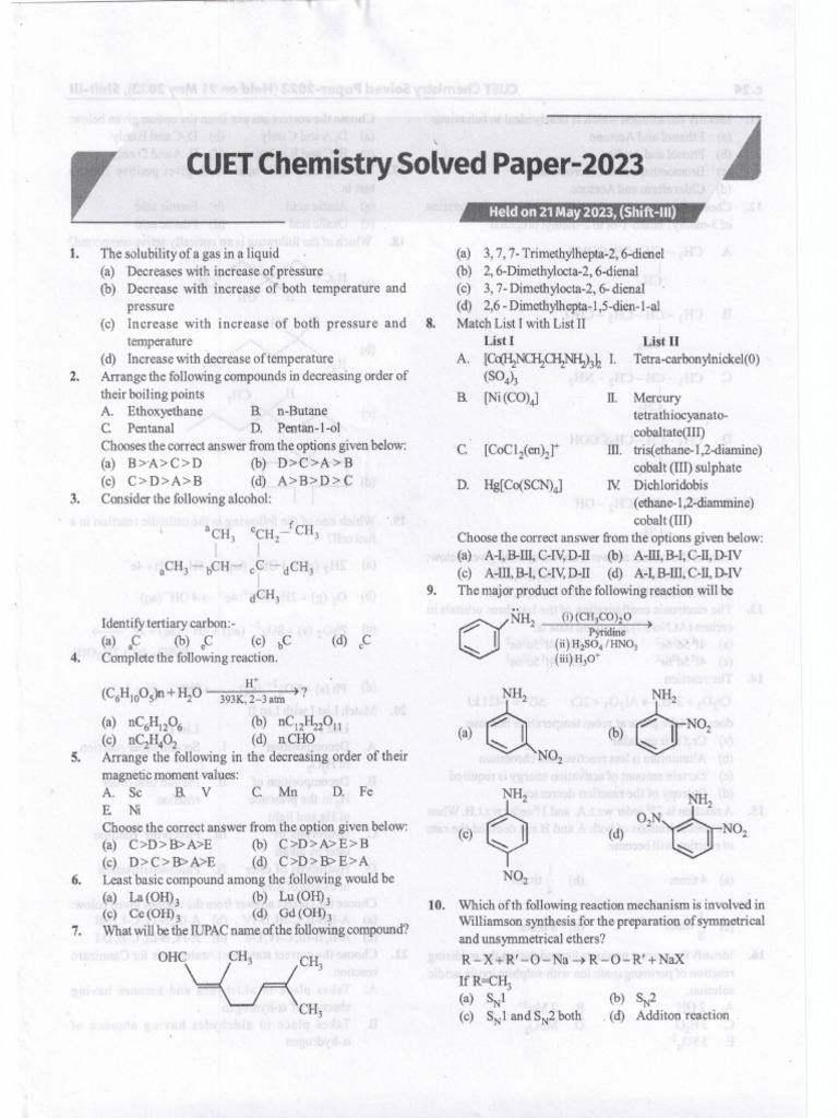 Cuet Solved Paper Chemistry. | PDF