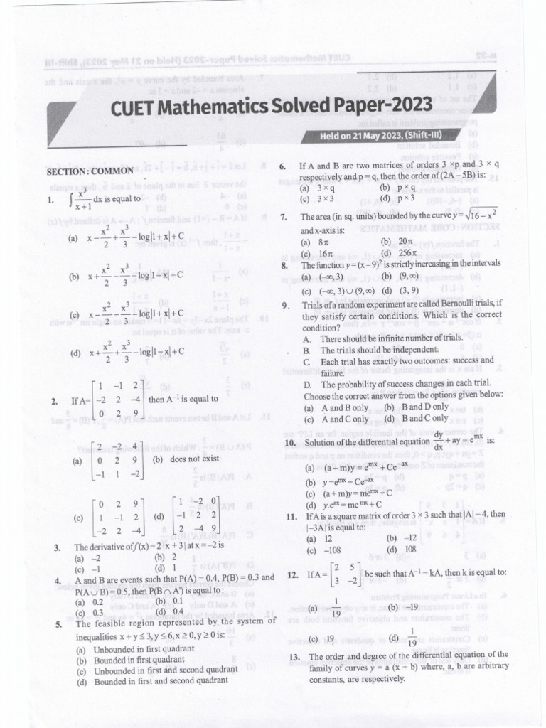 Cuet Solved Paper Maths | PDF