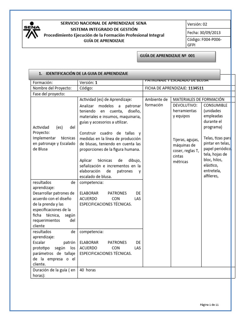 1-Guia - de - Aprendizaje - Patronaje y Escalado de Blusa - 1134511 | PDF | Ropa | Moda