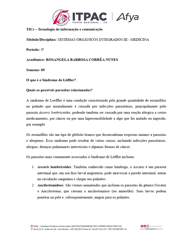 TICS - SEMANA 09 - Síndrome de Löffler | PDF | Imunologia | Remédio