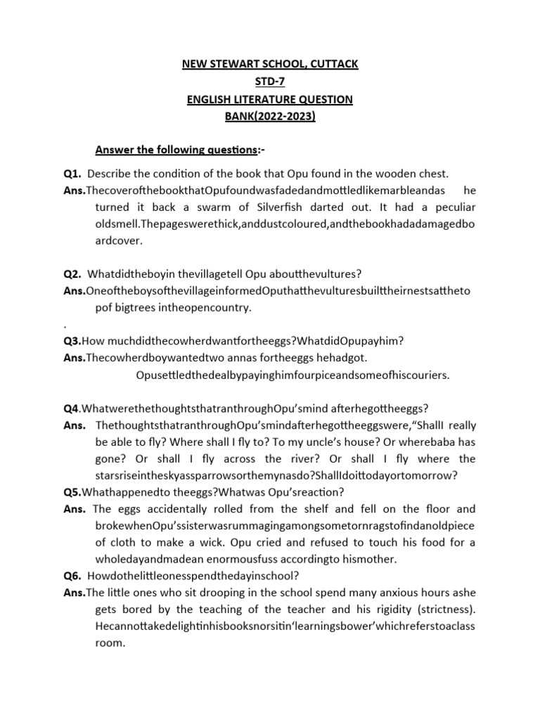 Class 7 English Literature Question Bank | PDF | Language Arts & Discipline