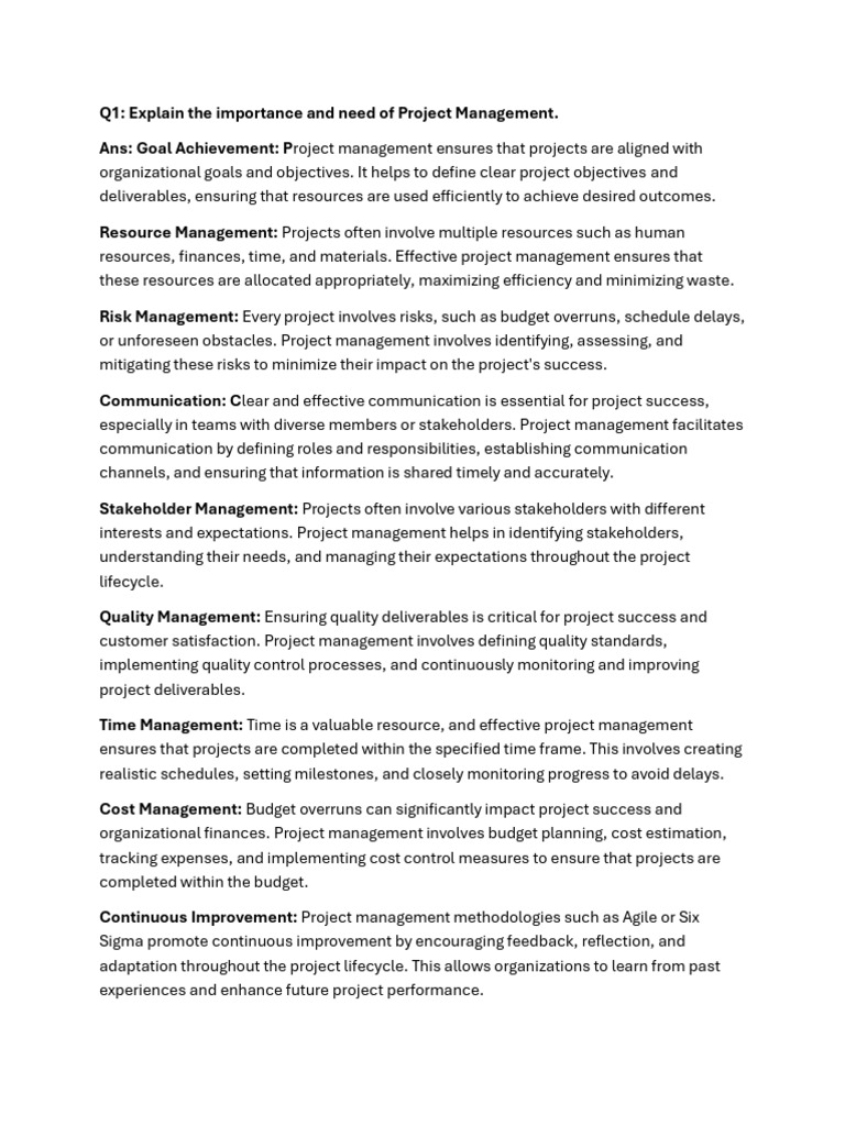 Q1 Explain the importance and need of Project Management | PDF ...