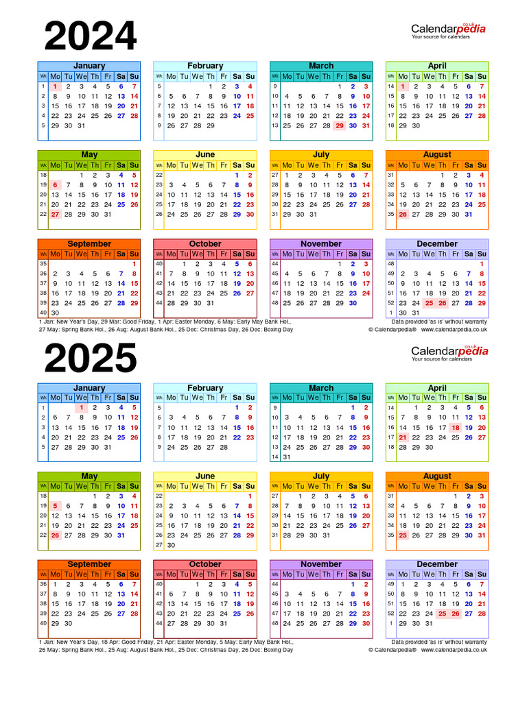 Two Year Calendar 2024 2025 Portrait in Colour | PDF | Observances | Holidays