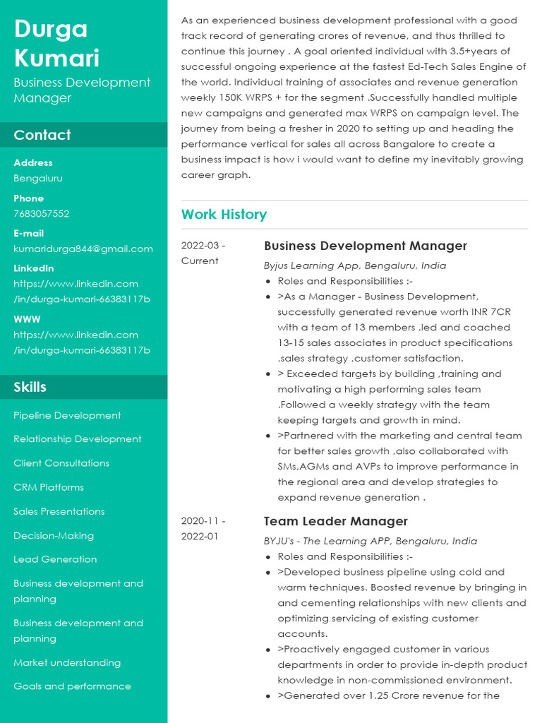 Durga - Kumari - Resume | PDF | Business | Sales