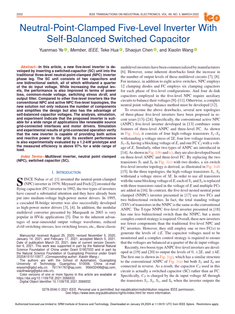 Neutral-Point-Clamped Five-Level Inverter With Self-Balanced Switched Capacitor | PDF | Power ...