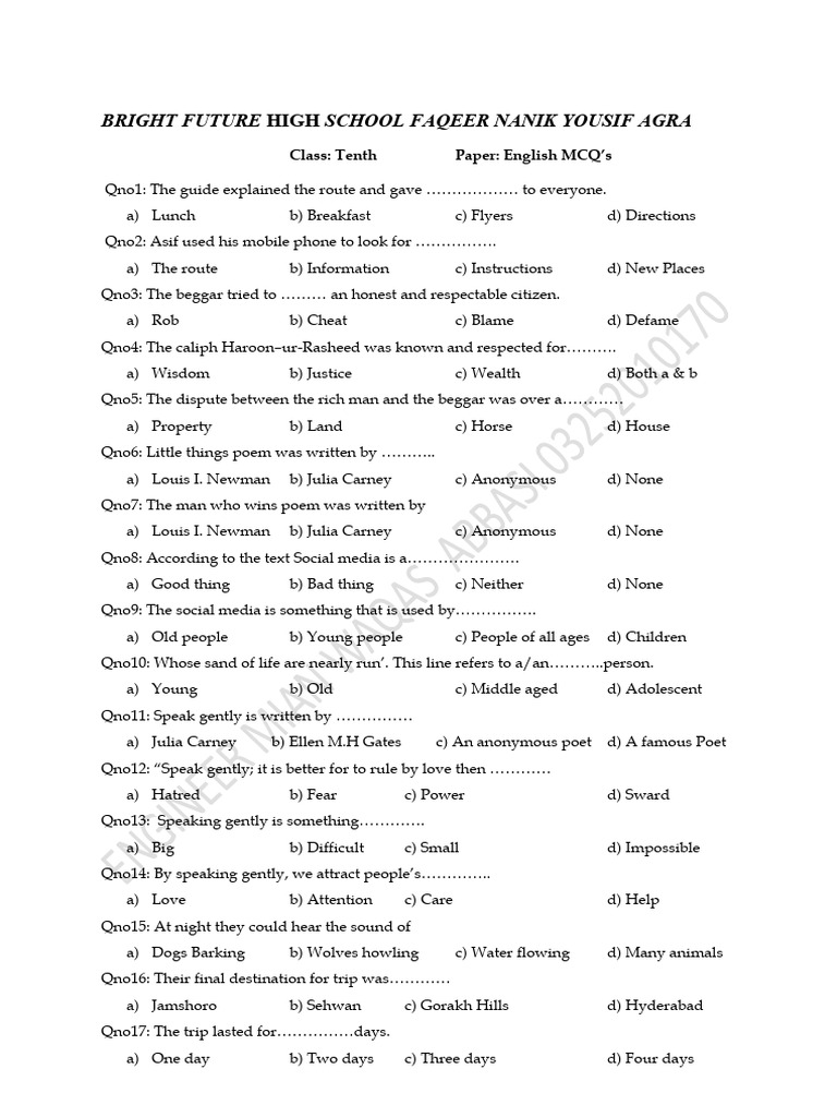 10th English MCQS | PDF