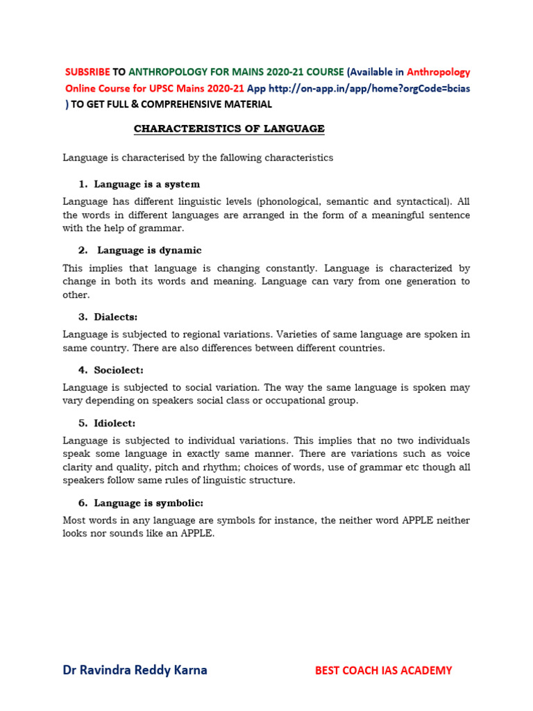 Characteristics of language | PDF