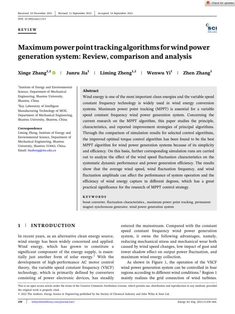 Energy Science Engineering - 2022 - Zhang - Maximum Power Point Tracking Algorithms For Wind ...