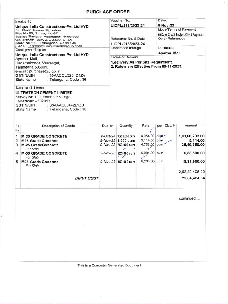 Ultratech Cement revise Po No 218 | PDF