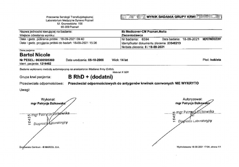 Scan - Wynik Badania Laboratoryjnego - 1216482 - 20210928115533 | PDF