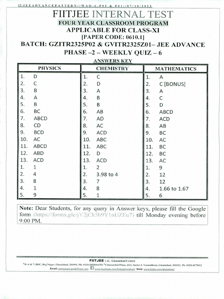 WAQ-6 - 11th - ITY - Final Answerkey | PDF