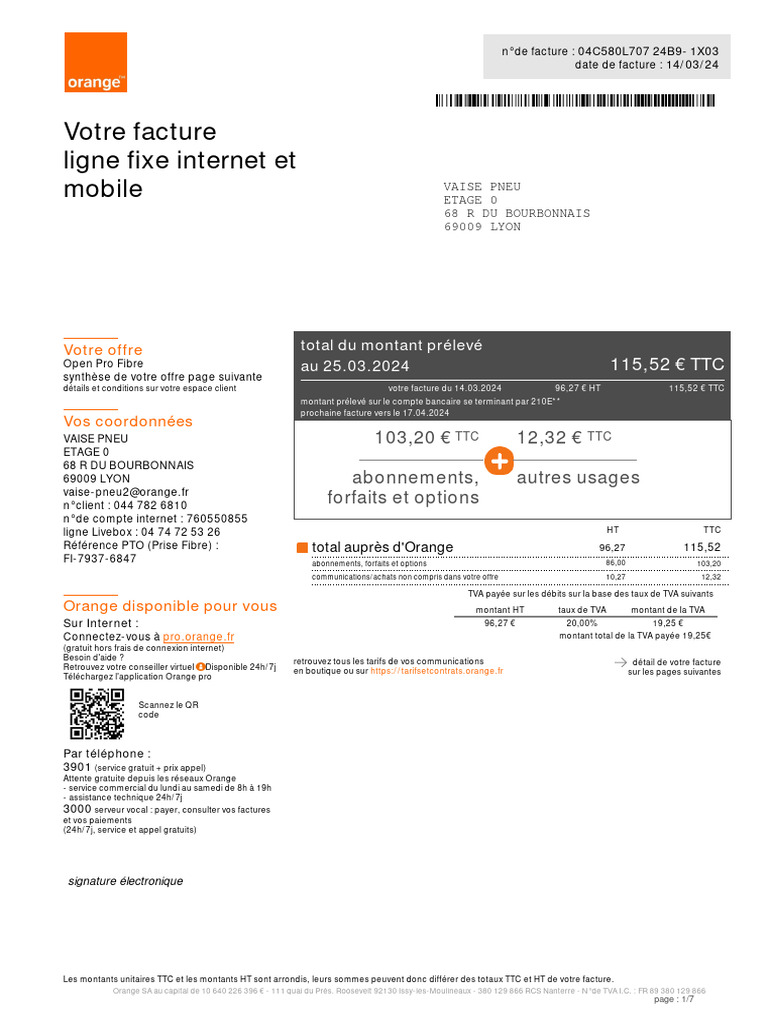 Facture Orange 2024-03-14 | PDF | Facture | Taxe sur la valeur ajoutée