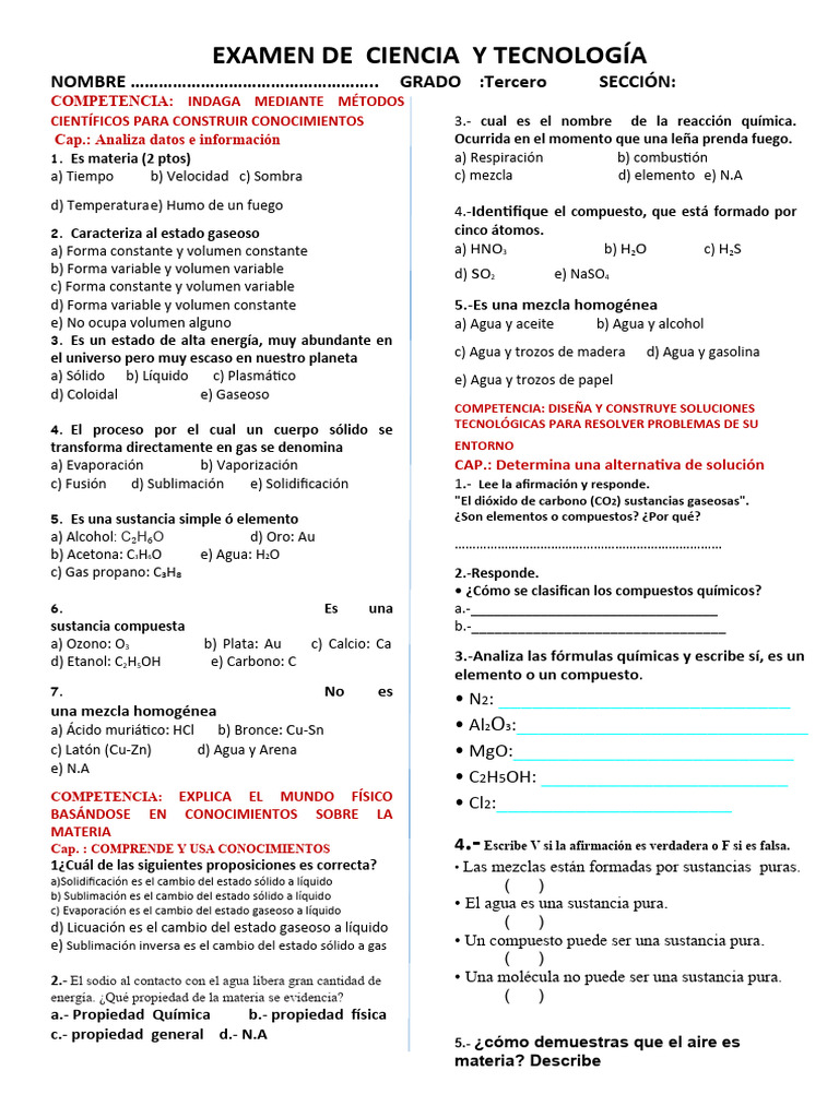 Examen de Materia Ciencia y Tecnologia de Tercero | Descargar gratis ...