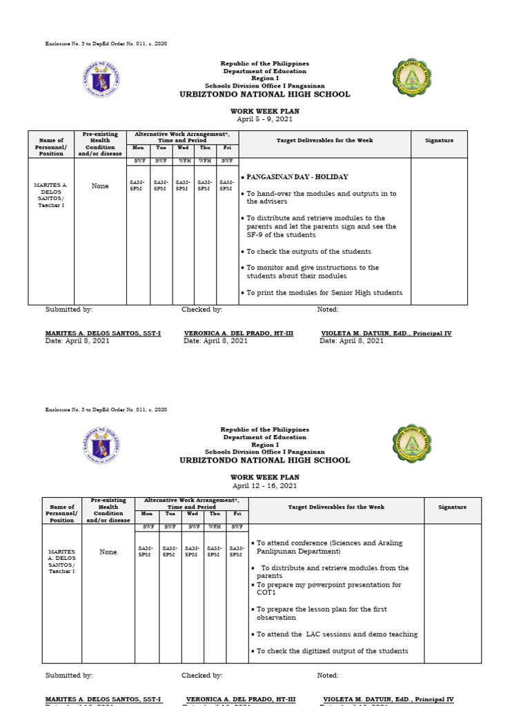 Work-Week-Plan-April 2021 | PDF | Philippines