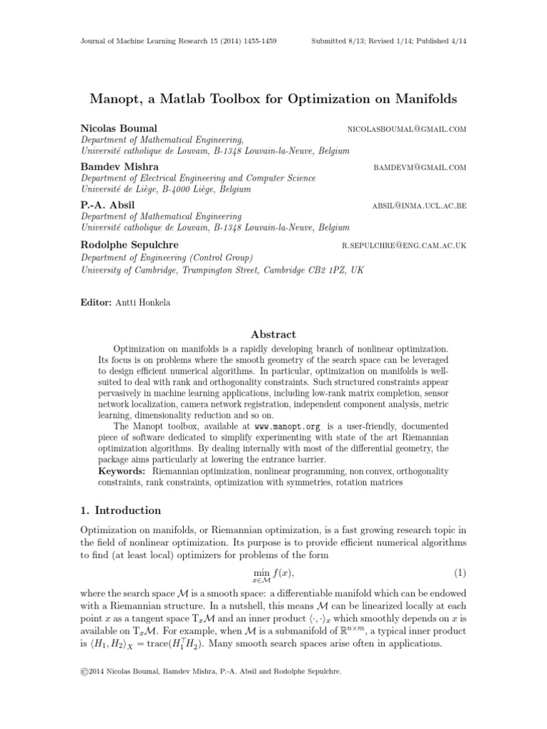 Manopt, a Matlab Toolbox for Optimization on Manifolds(2014_sesyn_matlab) | PDF | Manifold ...