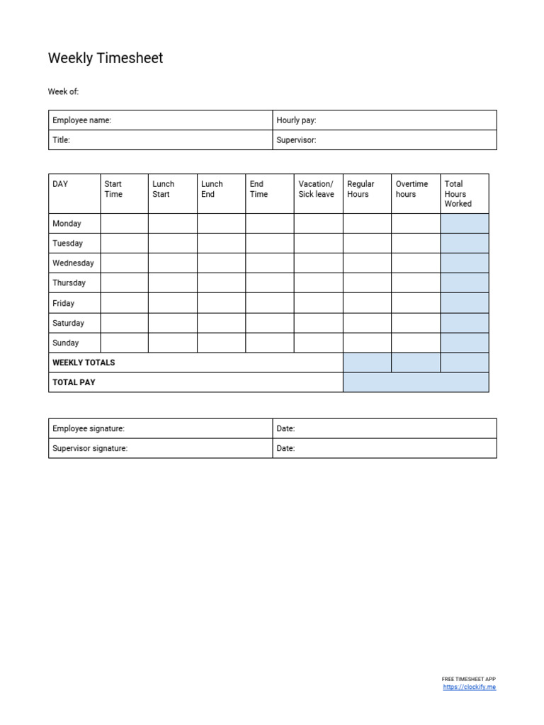 Weekly Timesheet Template | PDF