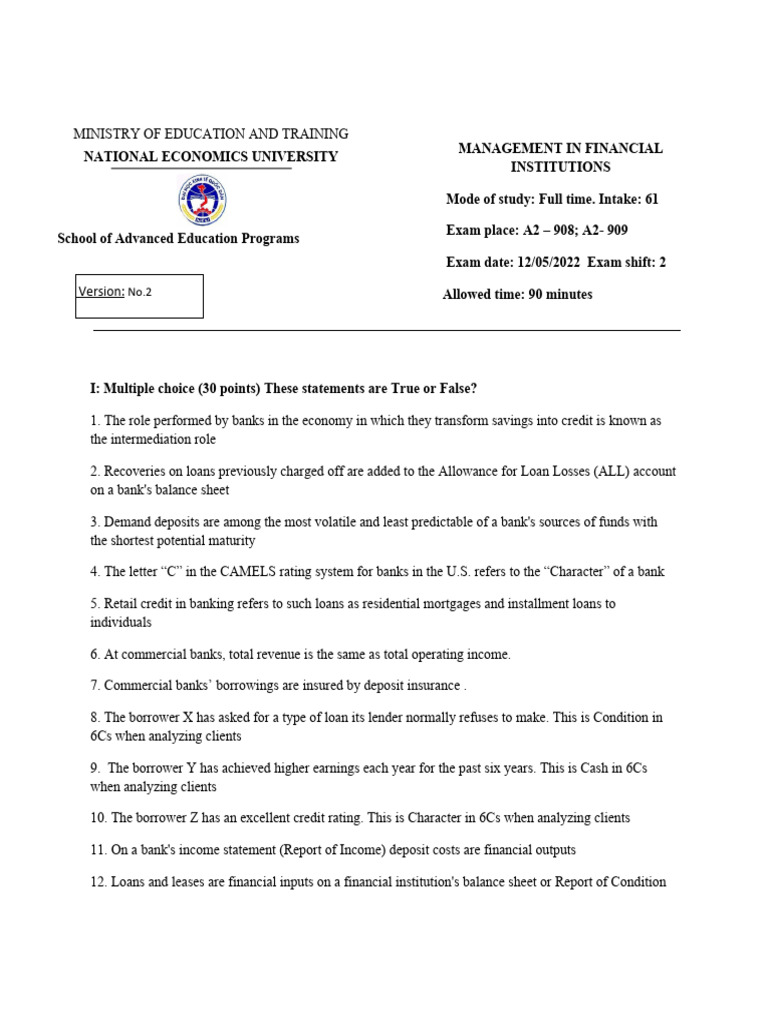 Exam Samples | PDF | Loans | Banks