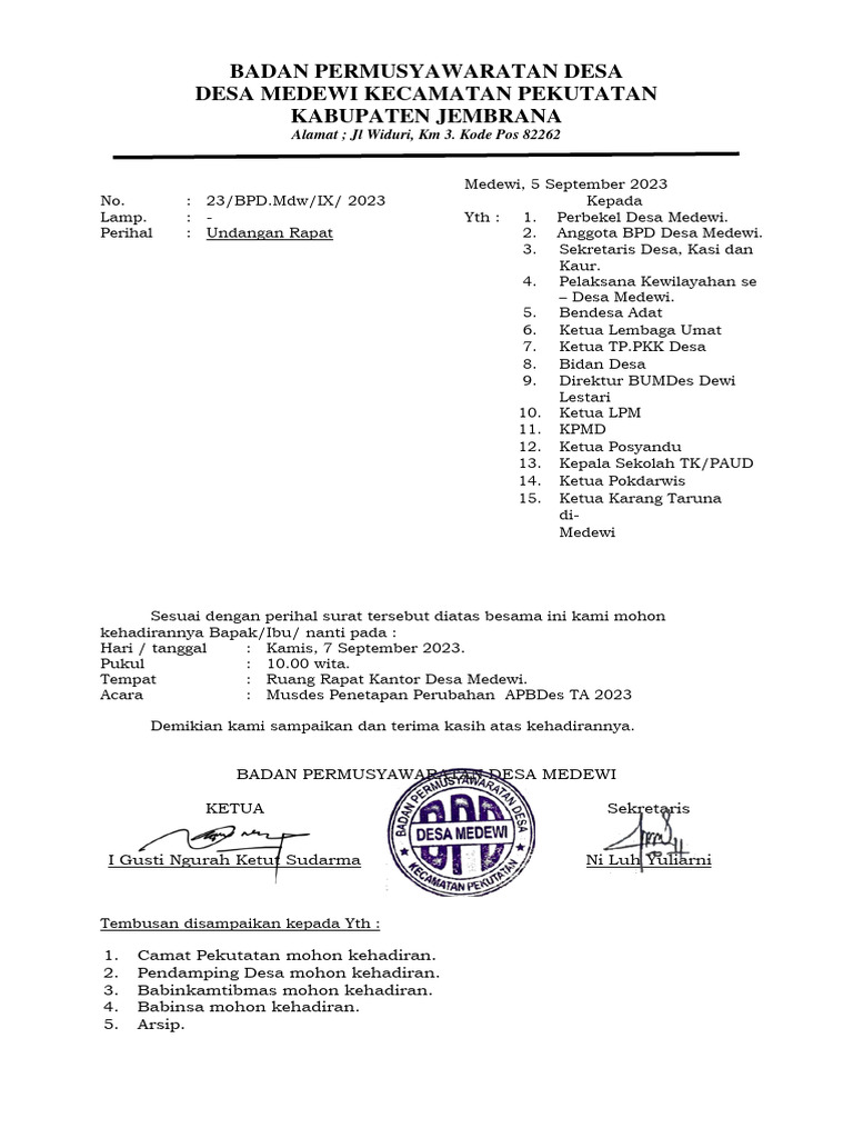 Undangan Musdes APBDes Desa Medewi | PDF