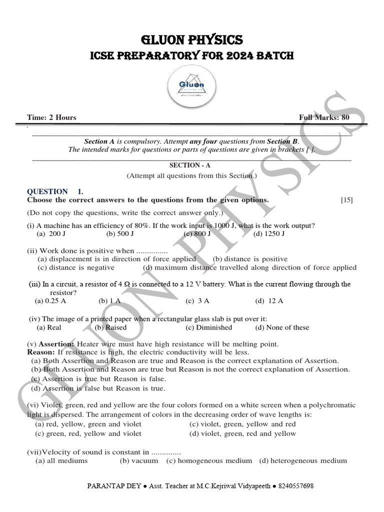 Icse Physics Mock 24.12.23 | PDF | Refraction | Transformer
