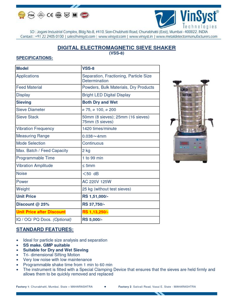 Digital Electromagnetic Sieve Shaker VSS-8 | PDF | Gujarat
