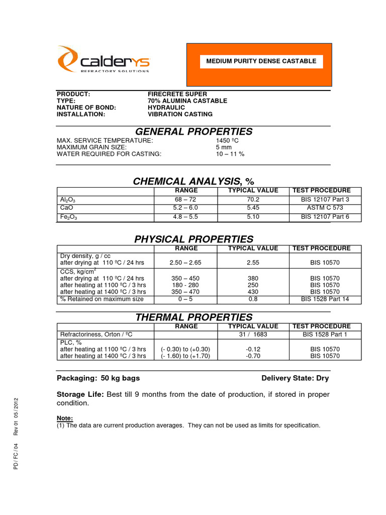 firecrete-super-alumina-castable | PDF | Refractory | Applied And Interdisciplinary Physics