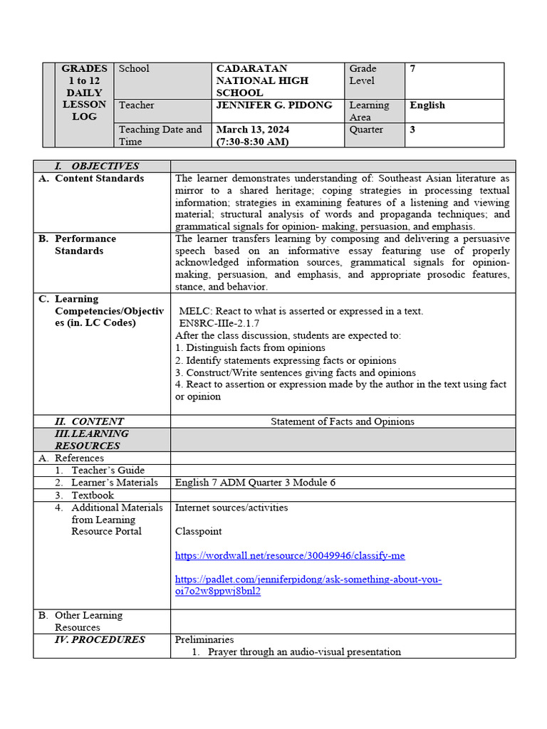 MARCH 22 DLL Observation English 7 | PDF | Learning | Feeling