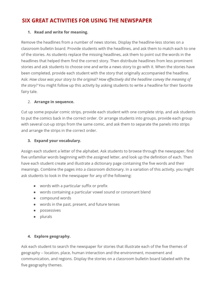 Six Activities For Using The Newspaper | PDF | Newspapers | Word