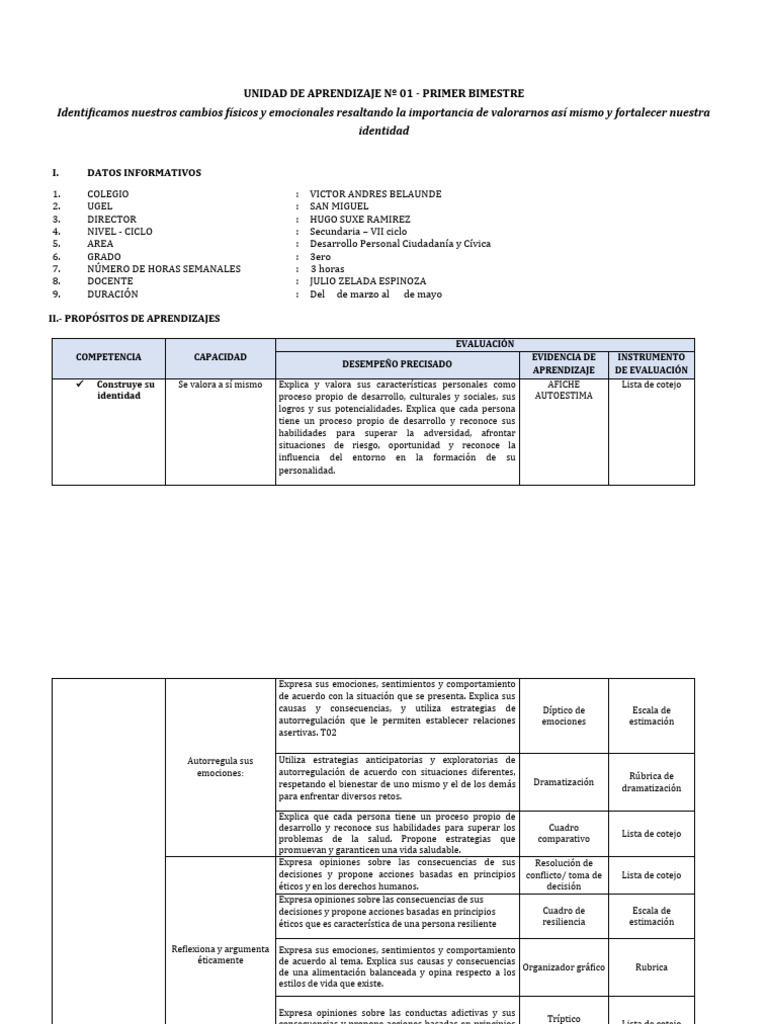 Unidad 01 DPCC 3 | PDF | Las emociones | Aprendizaje