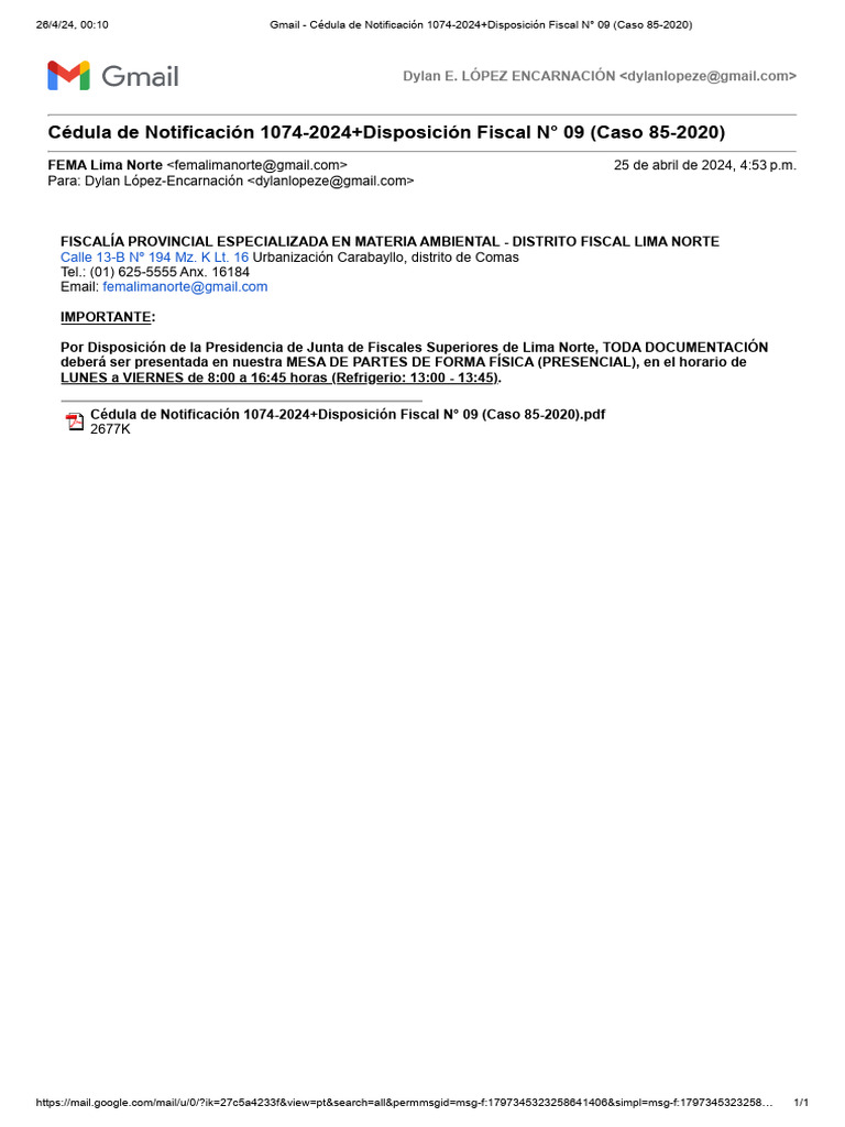 Gmail 25 ABR 2024 16:53 HRS., CÉD NOT 1074-2024 y DISP FISCAL #09. 6p | PDF | Fiscal | Ley procesal