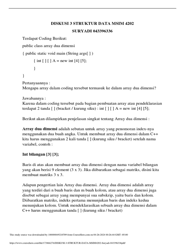 Diskusi 3 Struktur Data Msim4202 Suryadi 043396336 PDF | PDF | Komputer