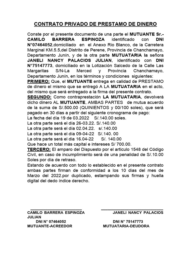 Contrato Privado de Prestamo de Dinero | PDF