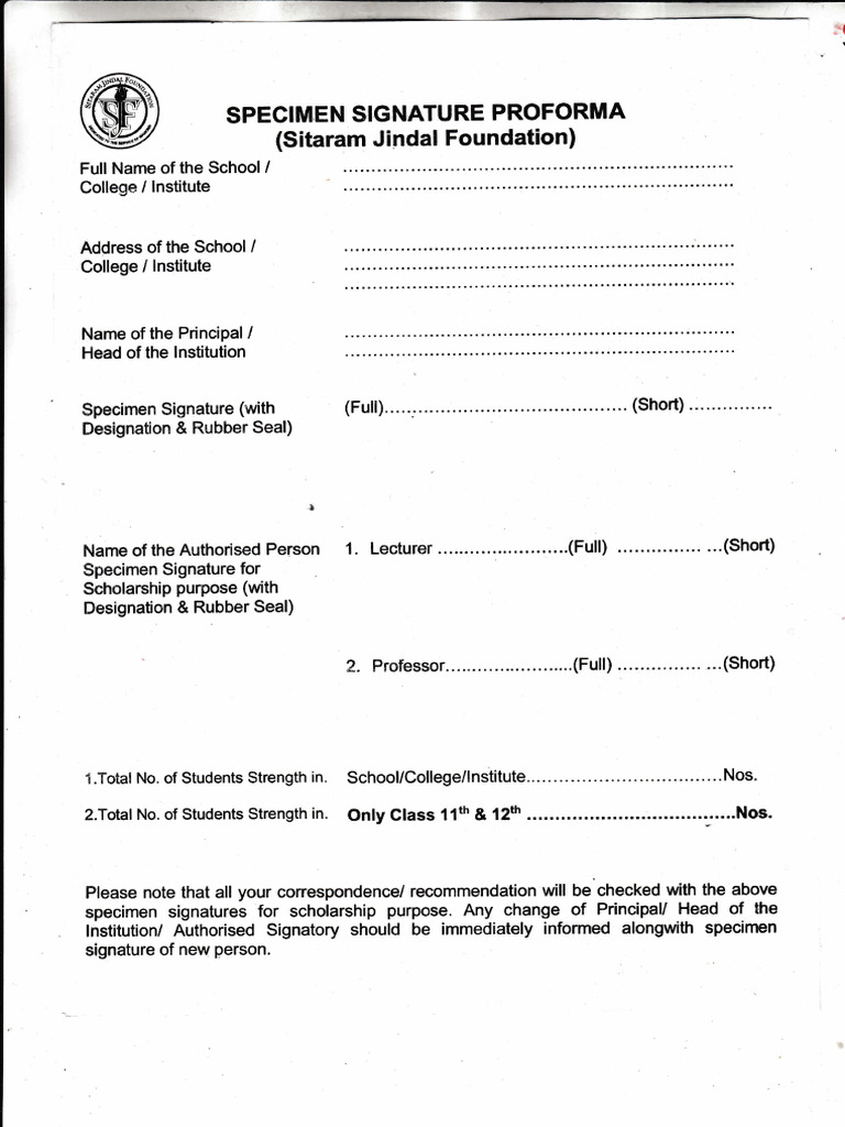 Specimen Signature Proforma for Jindal Scholarship | PDF | Career ...