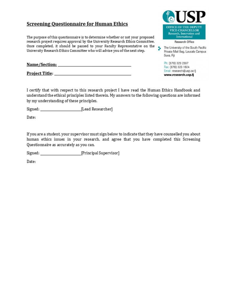 Human Ethics Screening Questionnaire 2016 | PDF | Informed Consent ...