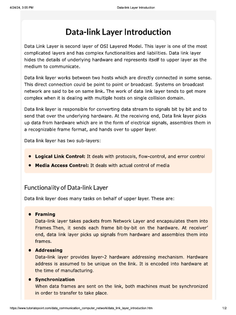 Data-link Layer Introduction | PDF