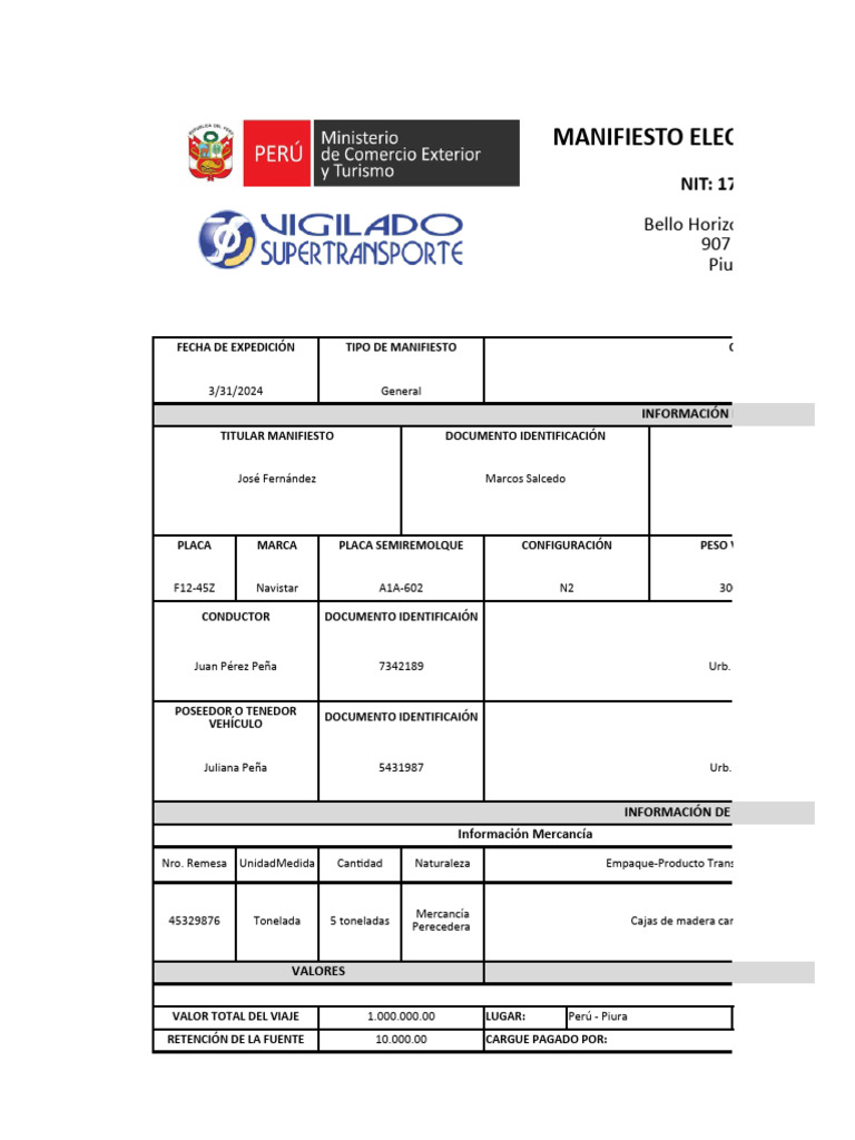 Manifiesto de Carga | PDF