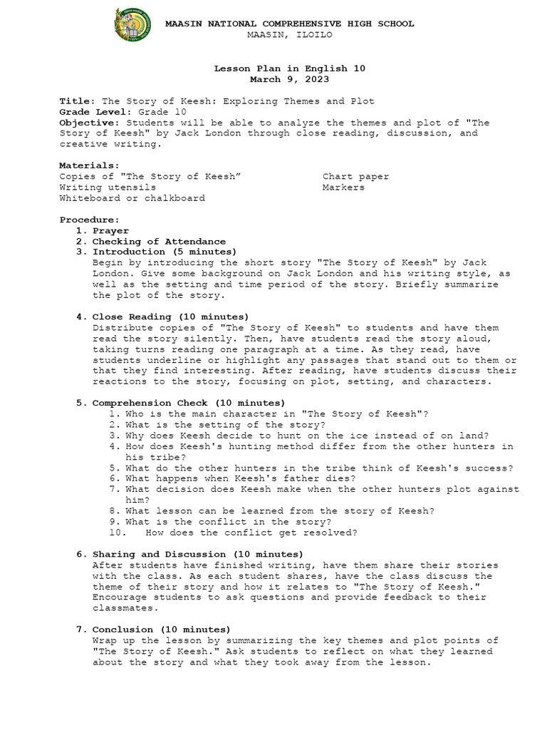 Lesson Plan Stroy of Keesh | PDF | Narrative | Irony