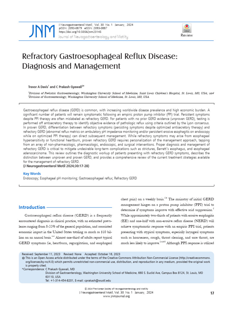 Refractory Gastroesophageal Reflux Disease Diagnosis and Management | PDF | Gastroesophageal ...