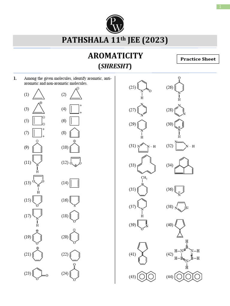 Aromaticity _ Practice Sheet __ (Pathshala 11th JEE 2023) | PDF ...