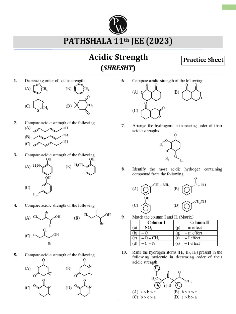 Acidic Strength _ Practice Sheet __ (Pathshala 11th JEE 2023) | PDF | Acid | Analytical Chemistry