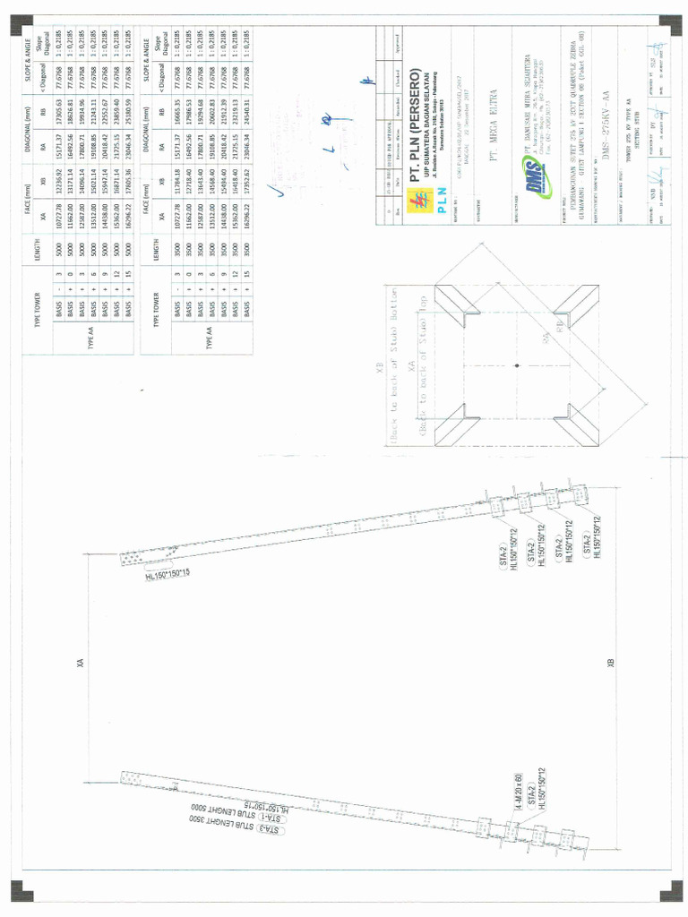 Drawing Setting Stub Tower AA TL 275 KV GI Gumawang - GI Lampung NEN | PDF