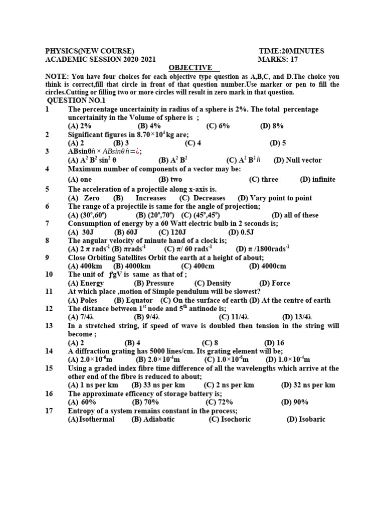 Ist Year Physics MCQS - 1 Full Book 2020 | PDF | Physical Sciences | Metrology