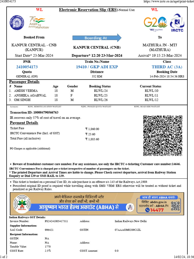 GKP Adi Exp Third Ac (3A) : WL WL | Download Free PDF | Identity Document